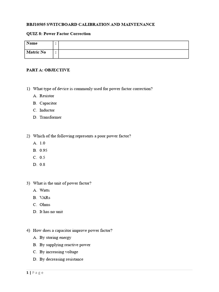 Quiz 8 BBJ10505 PFC - Questions | PDF | Ac Power | Capacitor