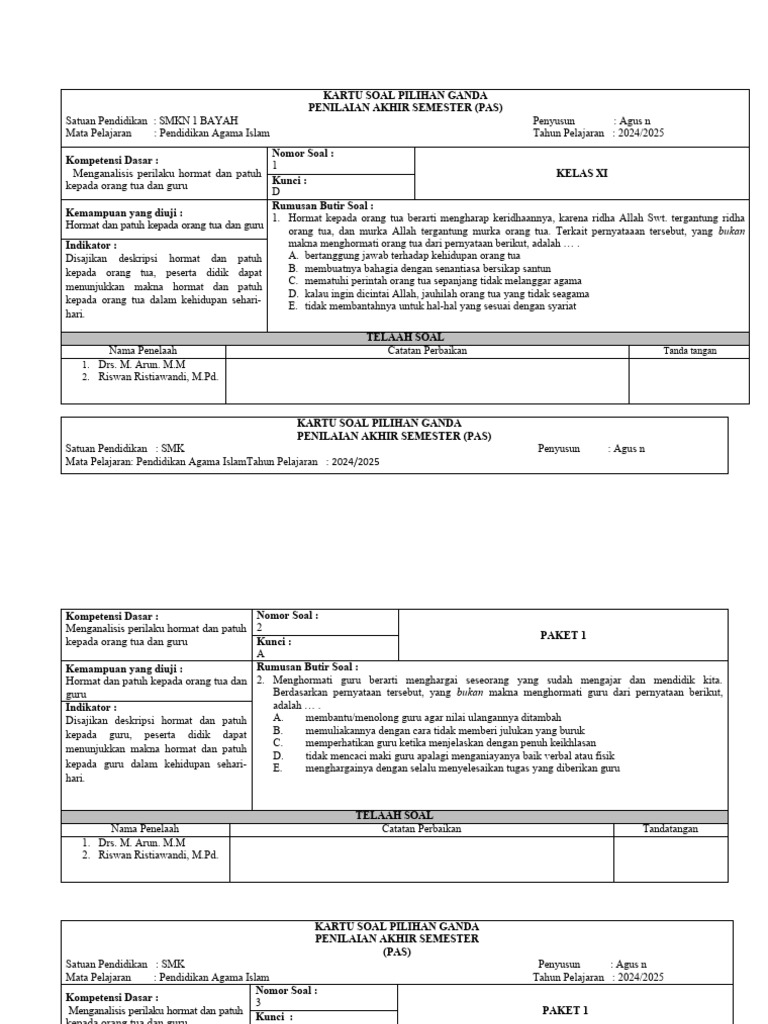 Kartu Soal Pai Kls Xi BARU 2024 | PDF