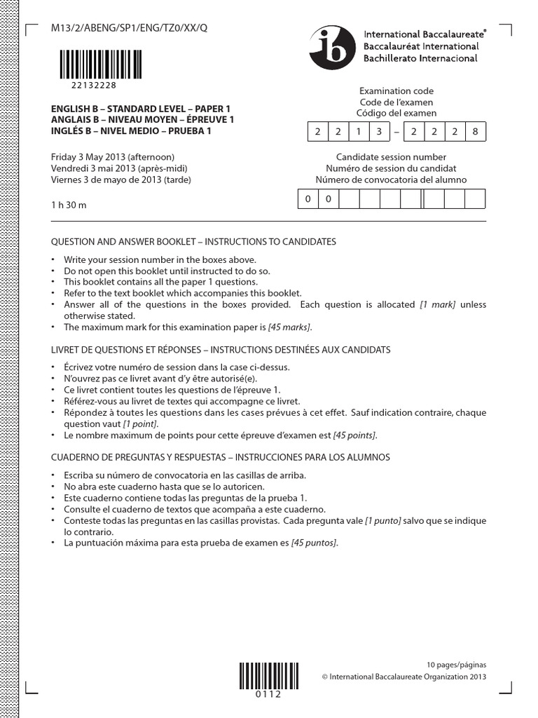 English B SL Paper 1 Question Booklet | PDF | Linguistics