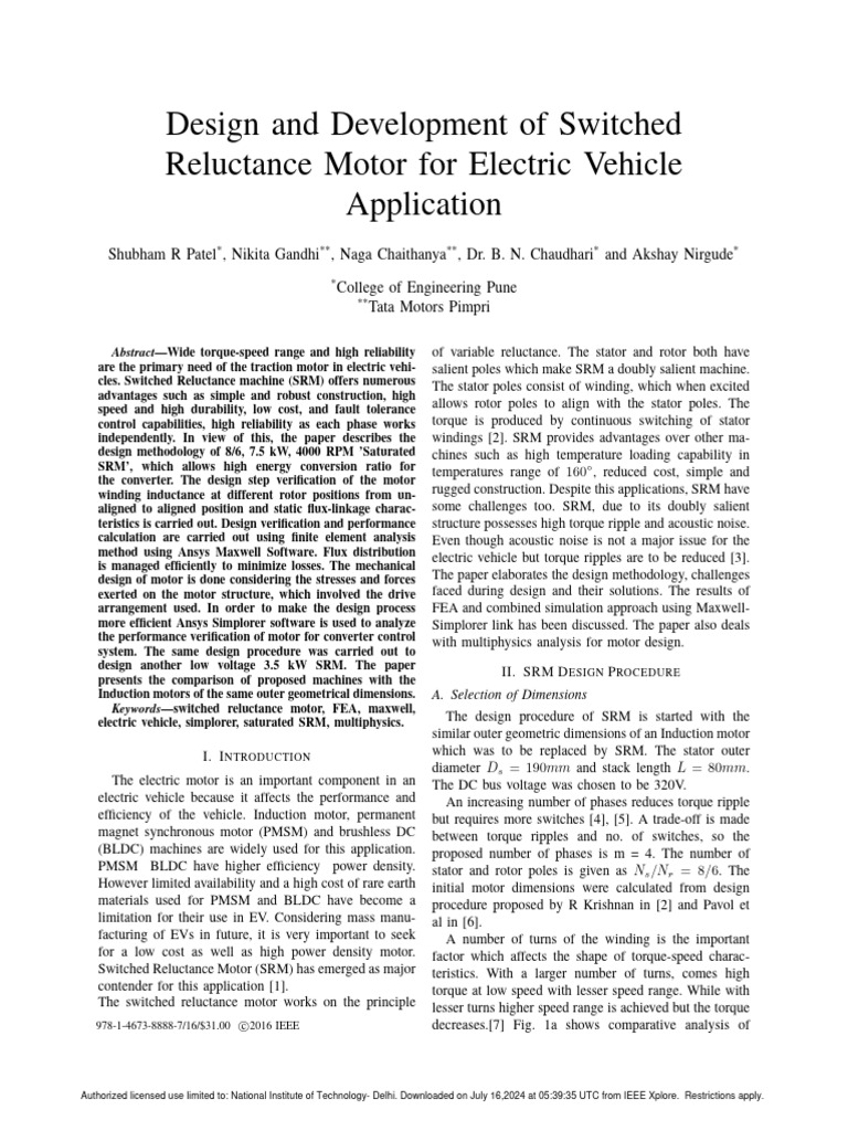 Design And Development Of Switched Reluctance Motor For Electric Vehicle Application Pdf