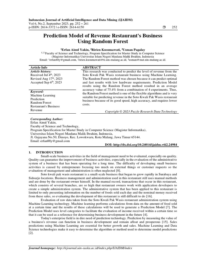 Prediction Model Of Revenue Restaurants Business Using Random Forest Pdf Machine Learning