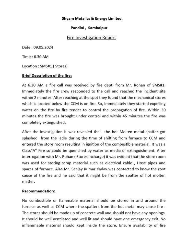 Shyam Metalics Fire Investigation Report Pdf Fires Energy Technology