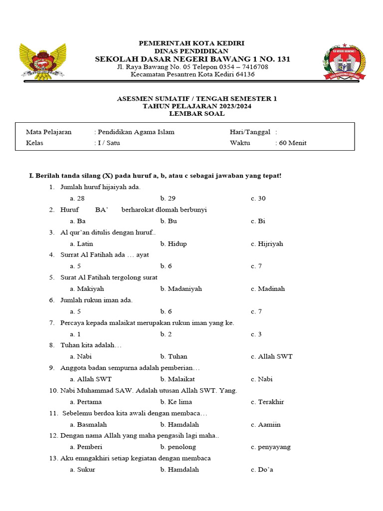 SOAL PAI UTS SMT1 KELAS 1 (PDF - Io) | PDF