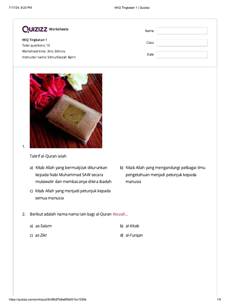 KKQ Tingkatan 1 - Quizizz | PDF