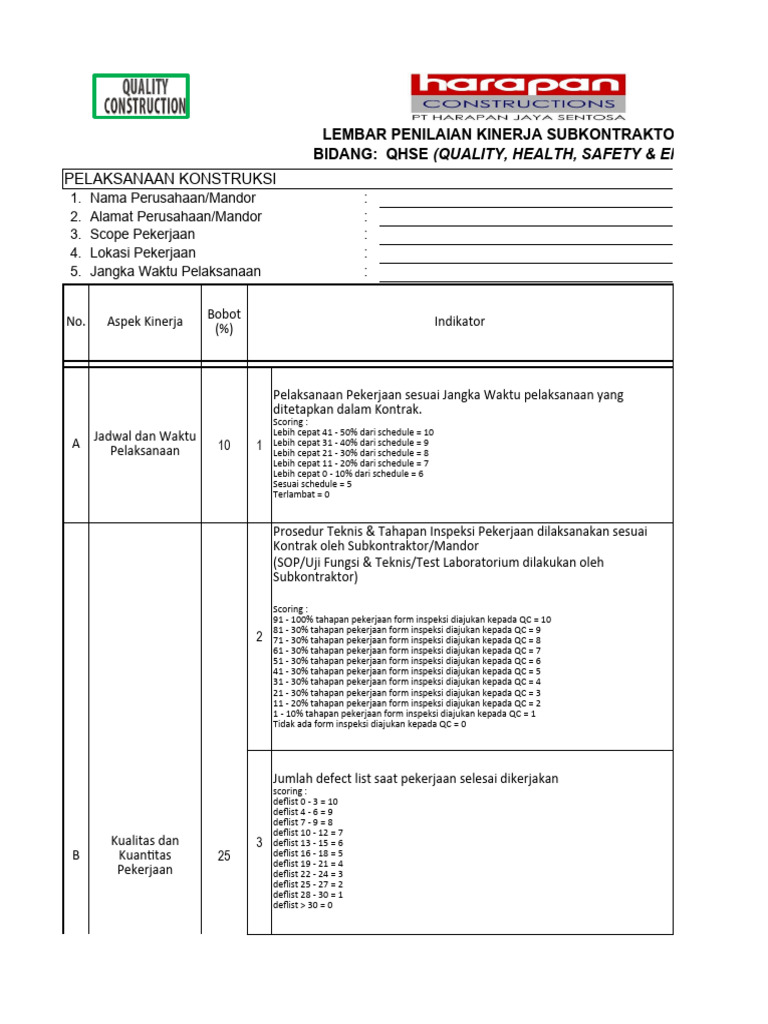 Form - Kinerja Qhse Subkon-Mandor | PDF