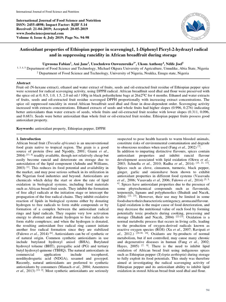 Antioxidant Properties of Ethiopian Pepper in Scavenging1, 1-Diphenyl ...
