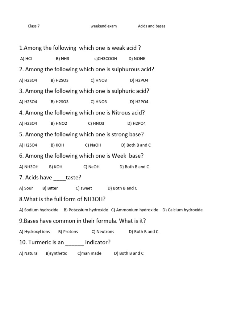 Class 7 Weekend Exam Acids and Bases | PDF | Art