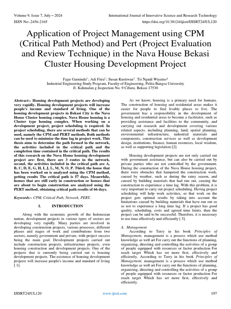 Application of Project Management Using CPM (Critical Path Method) and Pert (Project Evaluation ...