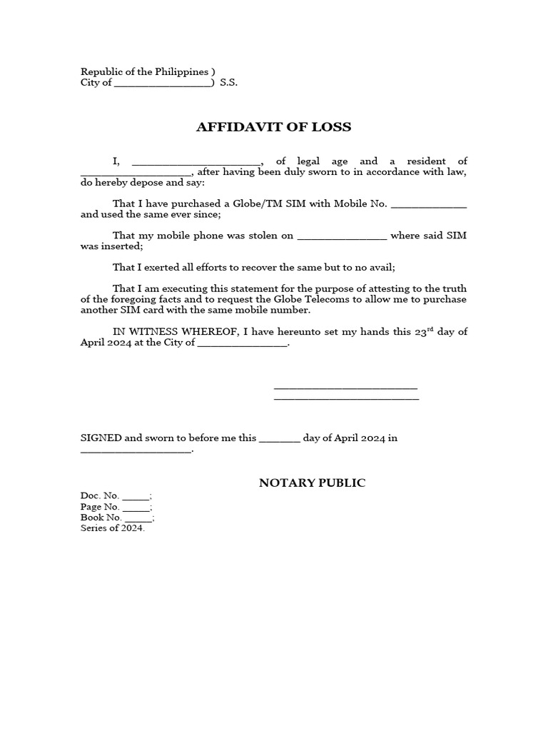 Affidavit of Loss for Globe SIM Card | PDF