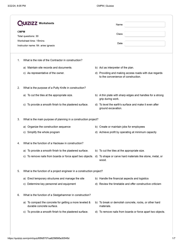 CMPM - Quizizz | PDF | Concrete | Plaster