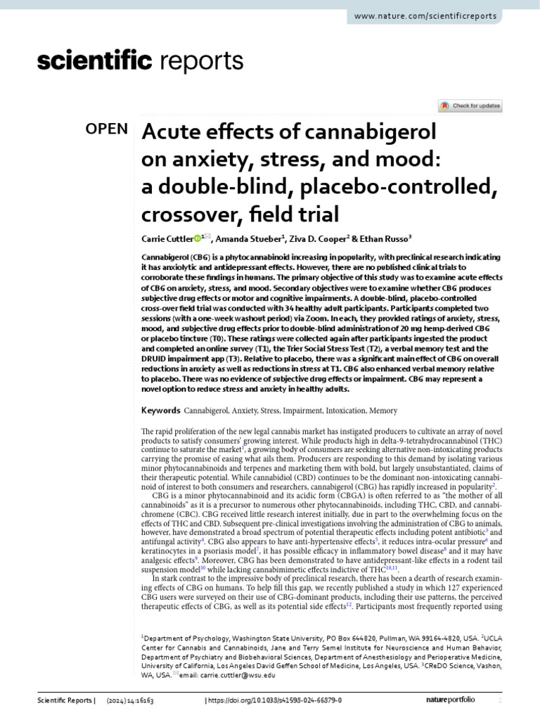 Acute Effects of Cannabigerol on Anxiety, Stress, And Mood a Double ...
