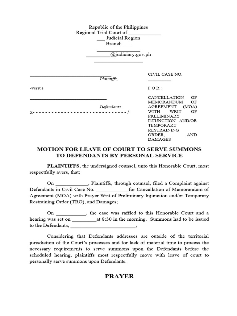Motion To Serve Summons by Personal Service TEMPLATE | PDF | Injunction | Lawsuit