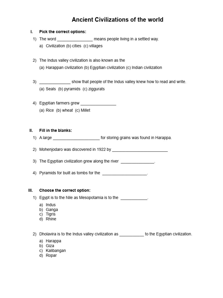 SS-Ancient Civilization Test-Class 4 | PDF | Ancient Egypt | Mesopotamia