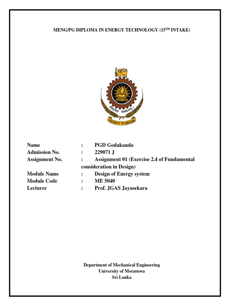 Assignment 1 - Exercise 2.4 - 229071J-PGD Godakanda | PDF | Pump ...