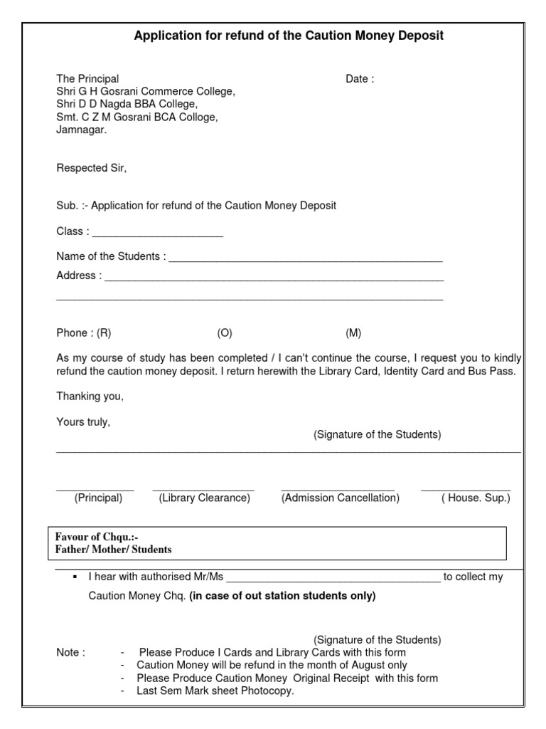 Caution Money Refund Request Form | PDF