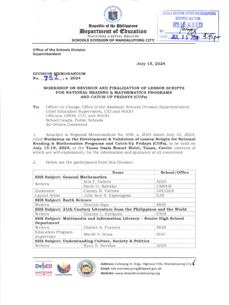 DM NO. 752, S. 2024. WORKSHOP ON REVISION AND FINALIZATION OF LESSON ...