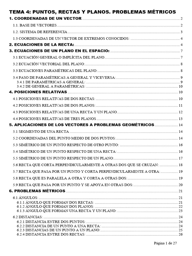 TEORÍA 4 Puntos Rectas y Planos Problemas Métricos | PDF | Base (álgebra lineal) | Vector Euclidiano