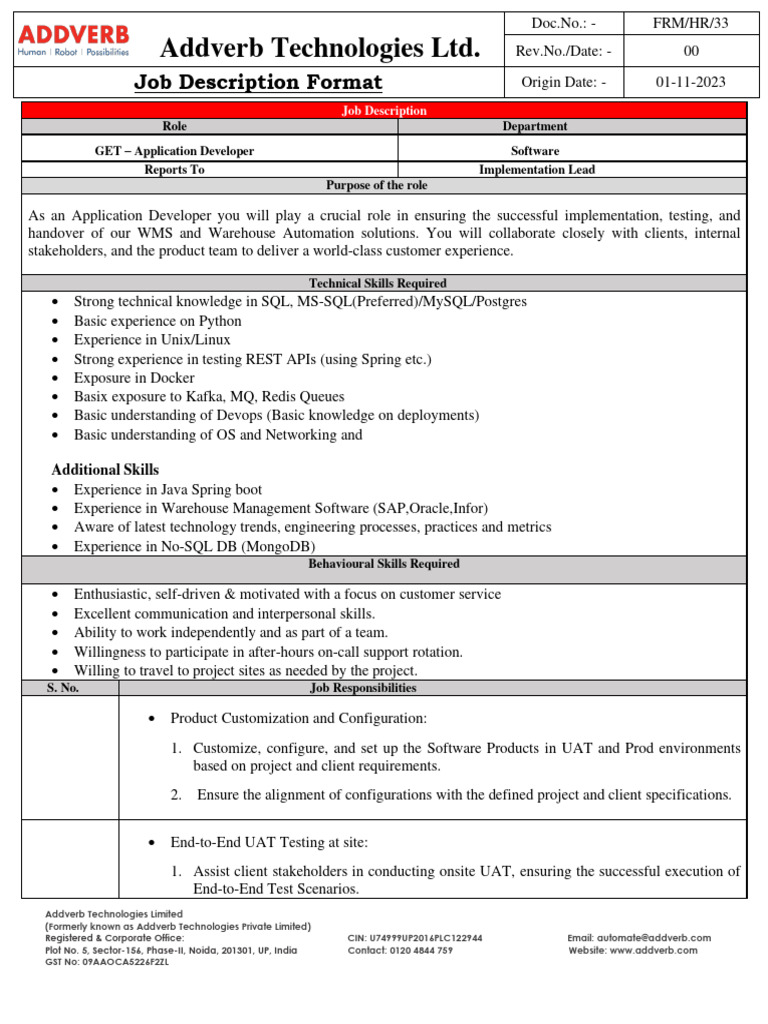 JD - Application Developer | PDF | Software Testing | Analytics