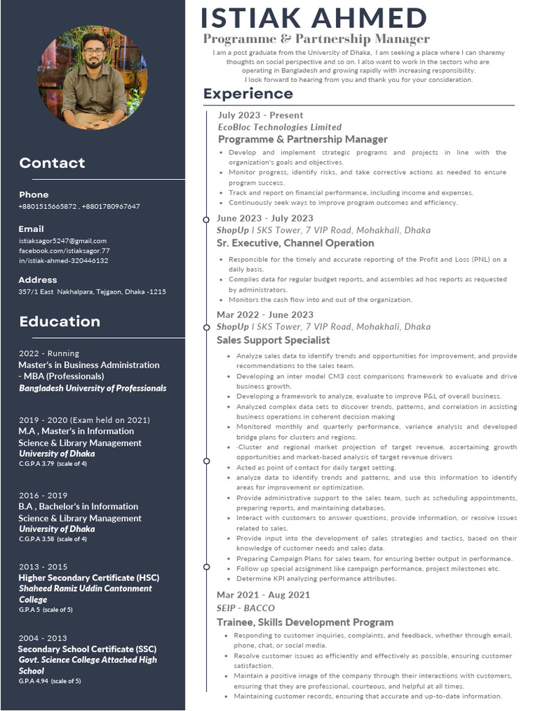 Career Profile: Istiak Ahmed | PDF | Information | Business