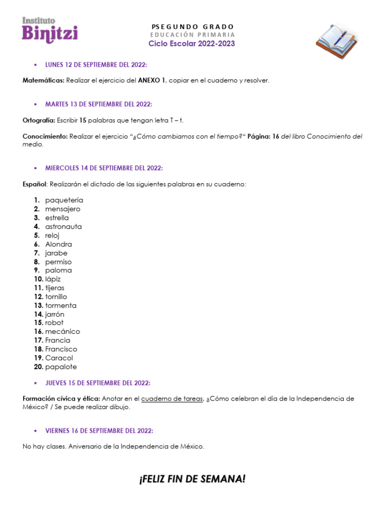 03 SEMANA TAREA ESPAÑOL 2022-2023-Tareas-2do-primaria-Sem-03-12-al-16-de-septiembre | PDF