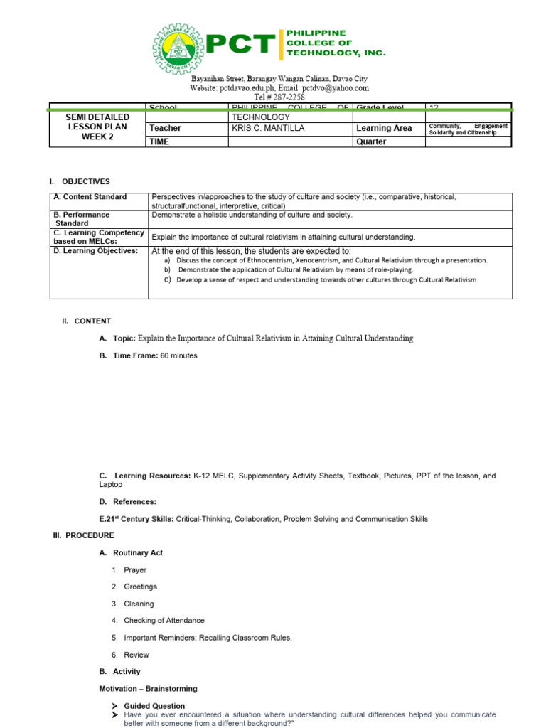 Mantilla_Kris - Lesson Plan Week 3 | PDF | Relativism | Cognition