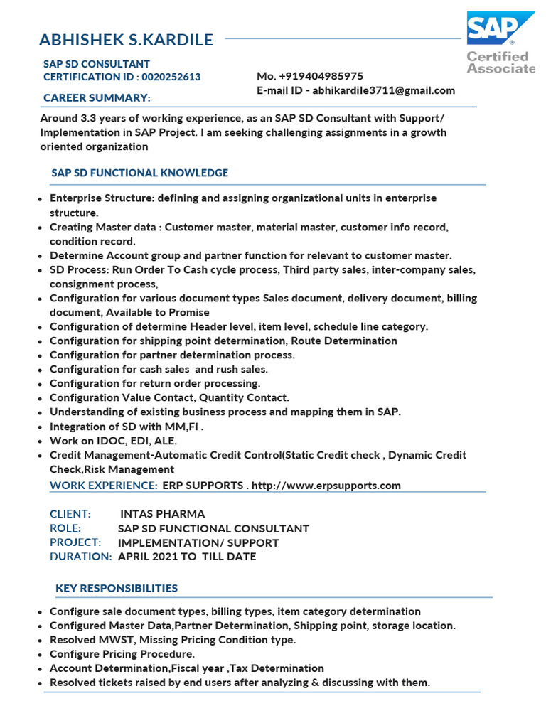 Abhishek Subhash Kardile - SAP SD Consultant | PDF | Consultant | Computing