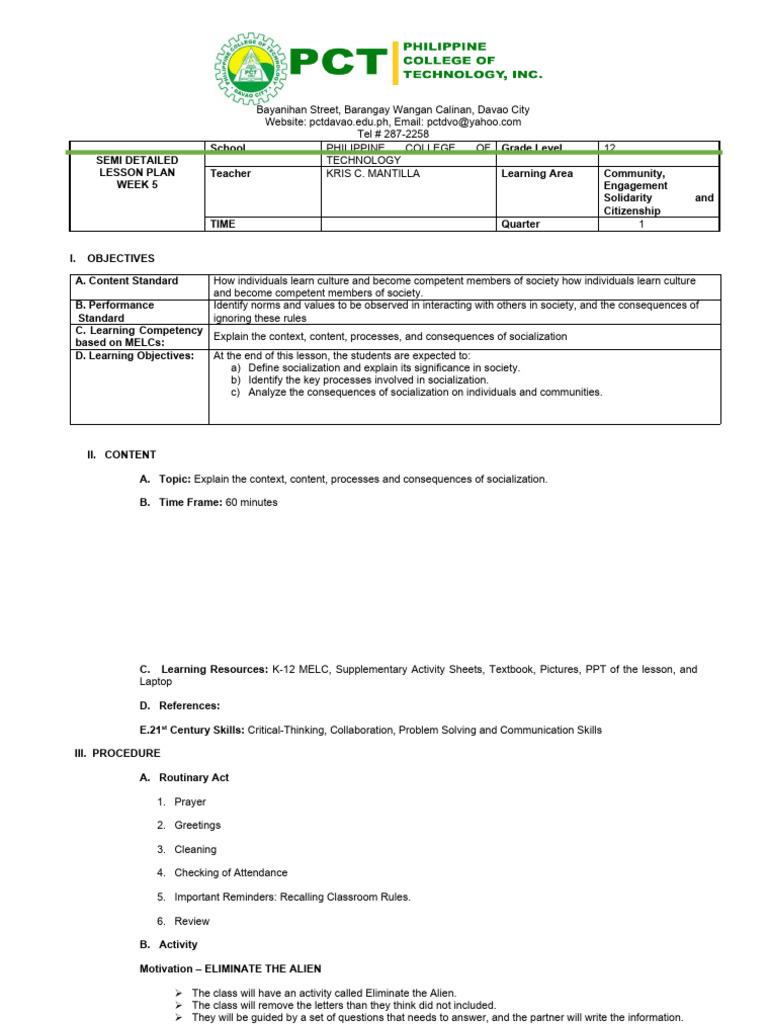 Grade 12 Socialization Lesson Plan | PDF | Socialization | Behavior