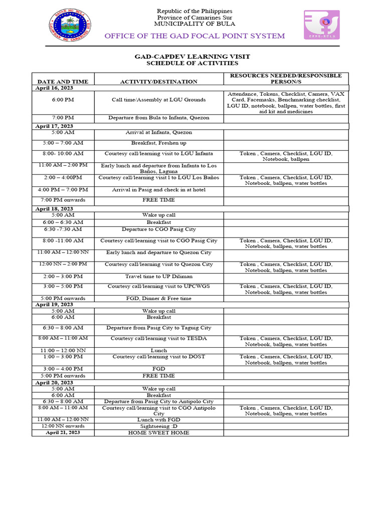 GAD CAPDEV LEARNING SCHEDULE | PDF