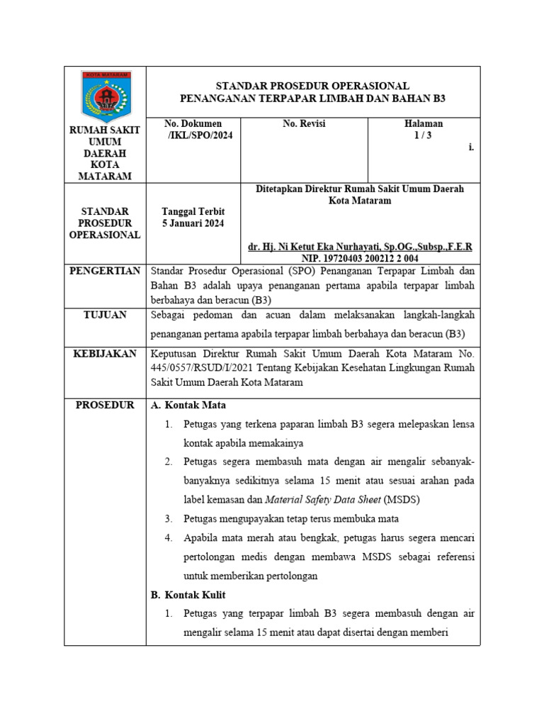 Standar Prosedur Operasional Penanganan Terpapar Limbah Dan Bahan b3 | PDF