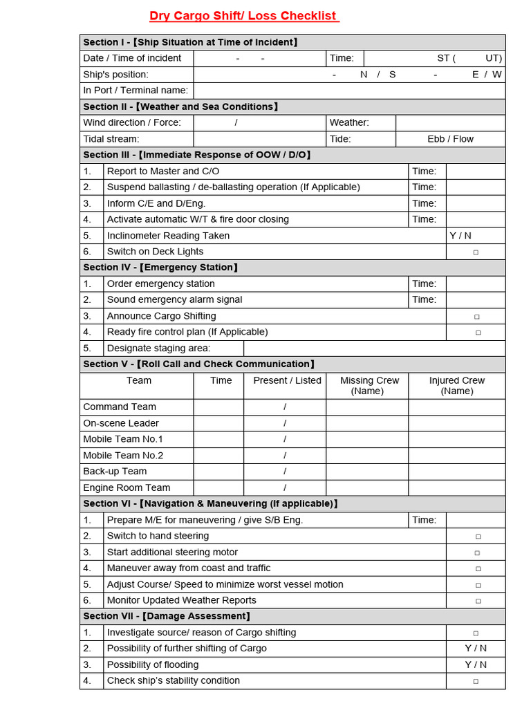 S-111004-27CHK Dry Cargo Shift and Loss Checklist | PDF | Ships | Cargo