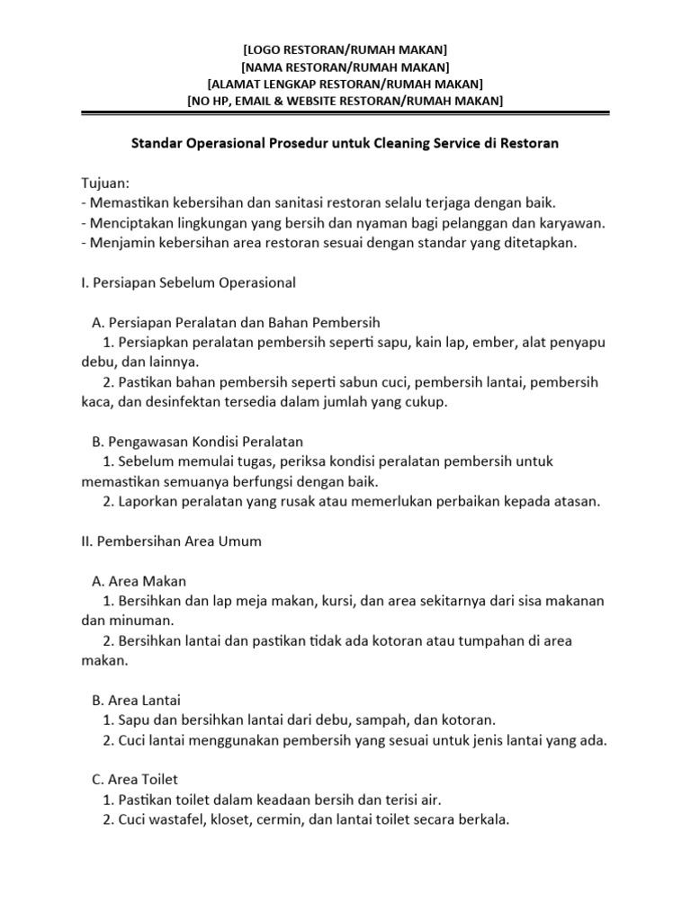 SOP Kebersihan untuk Cleaning Service Restoran | PDF | Memasak, Makanan ...