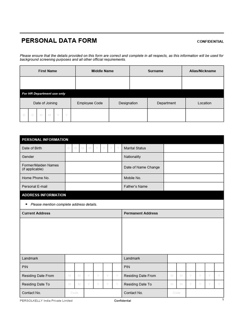 Personal Data Form - PERSOLKELLY India Private Limited | PDF ...