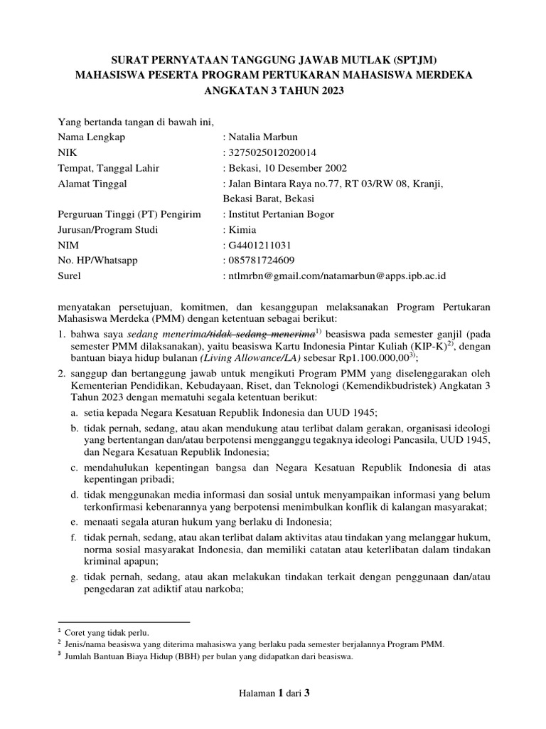 Surat Pernyataan Natalia Marbun PMM | PDF