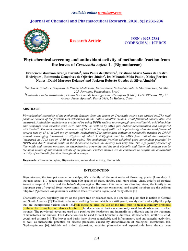 Parente Et Al (2016) - Phytochemical Screening and Antioxidant Activity of Methanolic Fraction ...