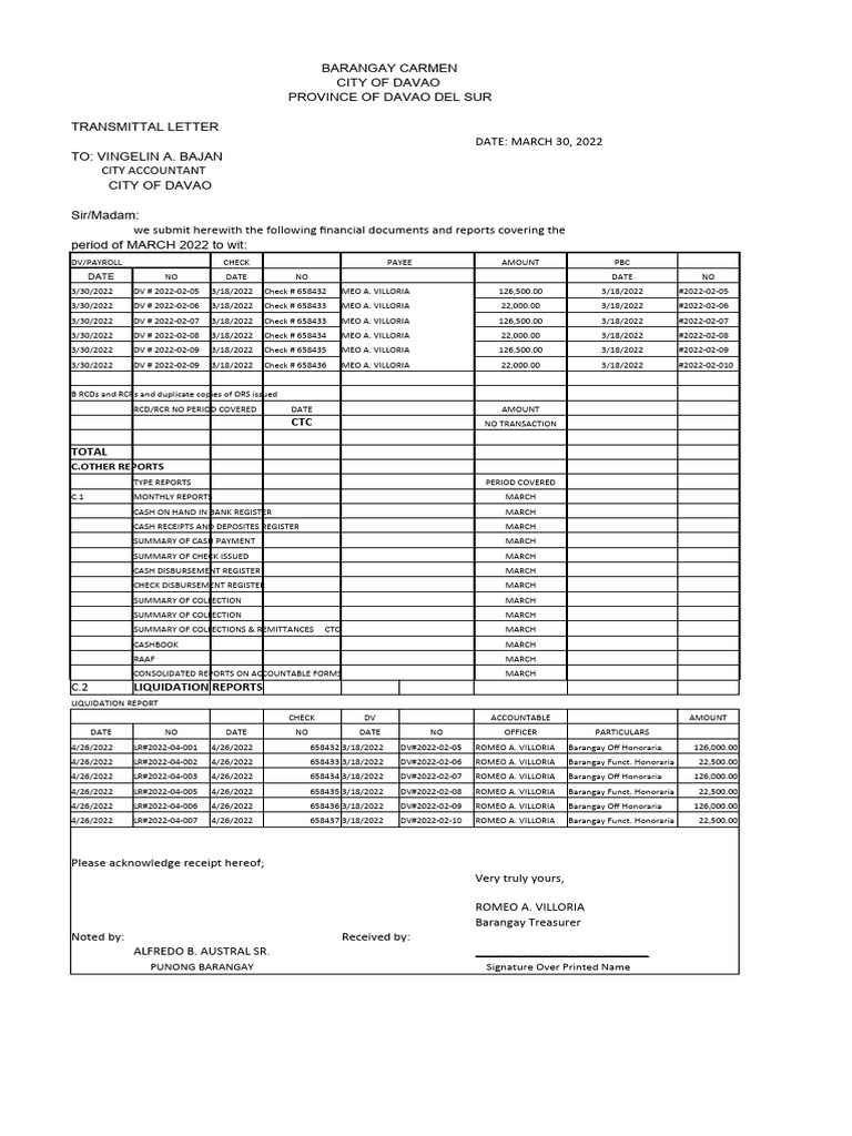 TRANSMITTAL COA 2022 | PDF | Cash | Payments