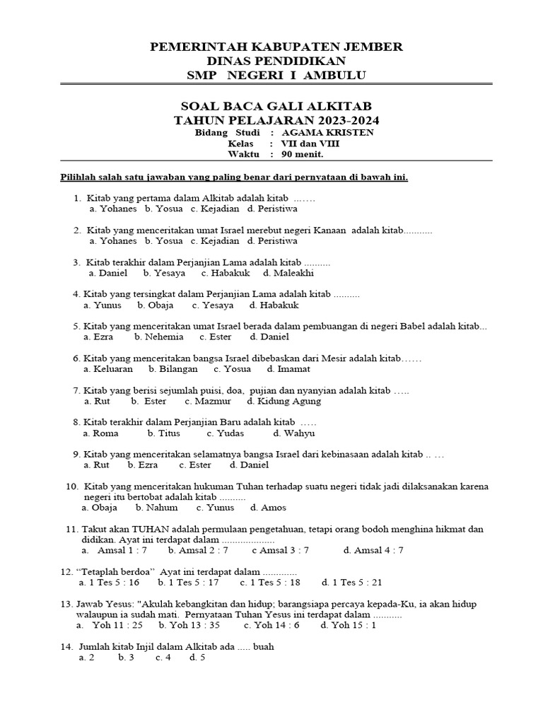 Soal Baca Gali Alkitab SMP 2024 | PDF
