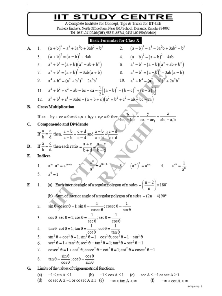 Class 10 Trigonometric Formulas | PDF | Trigonometric Functions ...