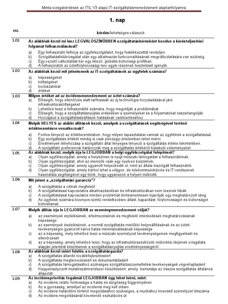 ITIL Sample Exam Questions, Day 1 | PDF