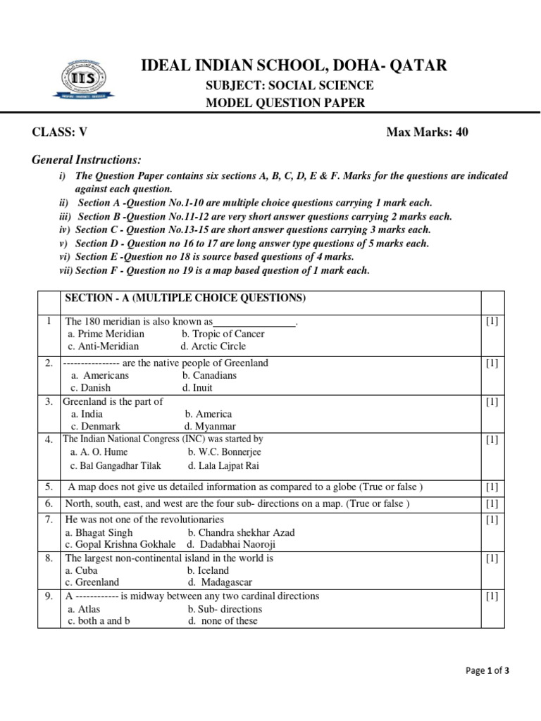 Class V Social Science Model Paper | PDF | Longitude | Earth Sciences
