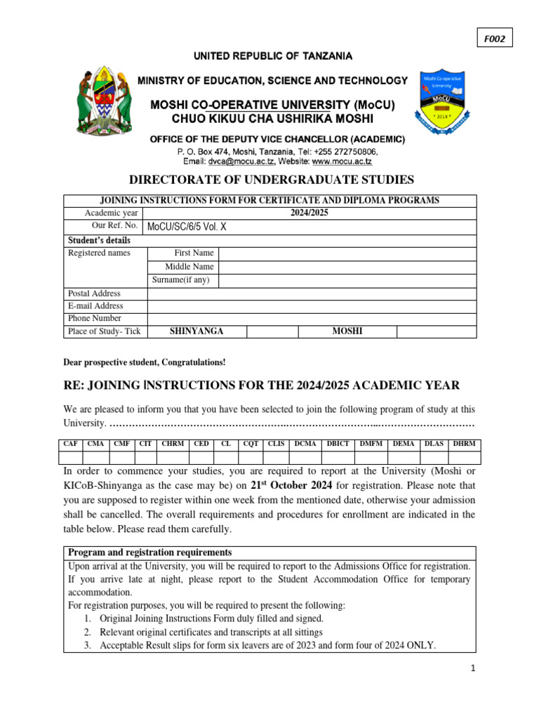 Joining Instructions Form For Certificate and Diploma Programmes 2024 ...