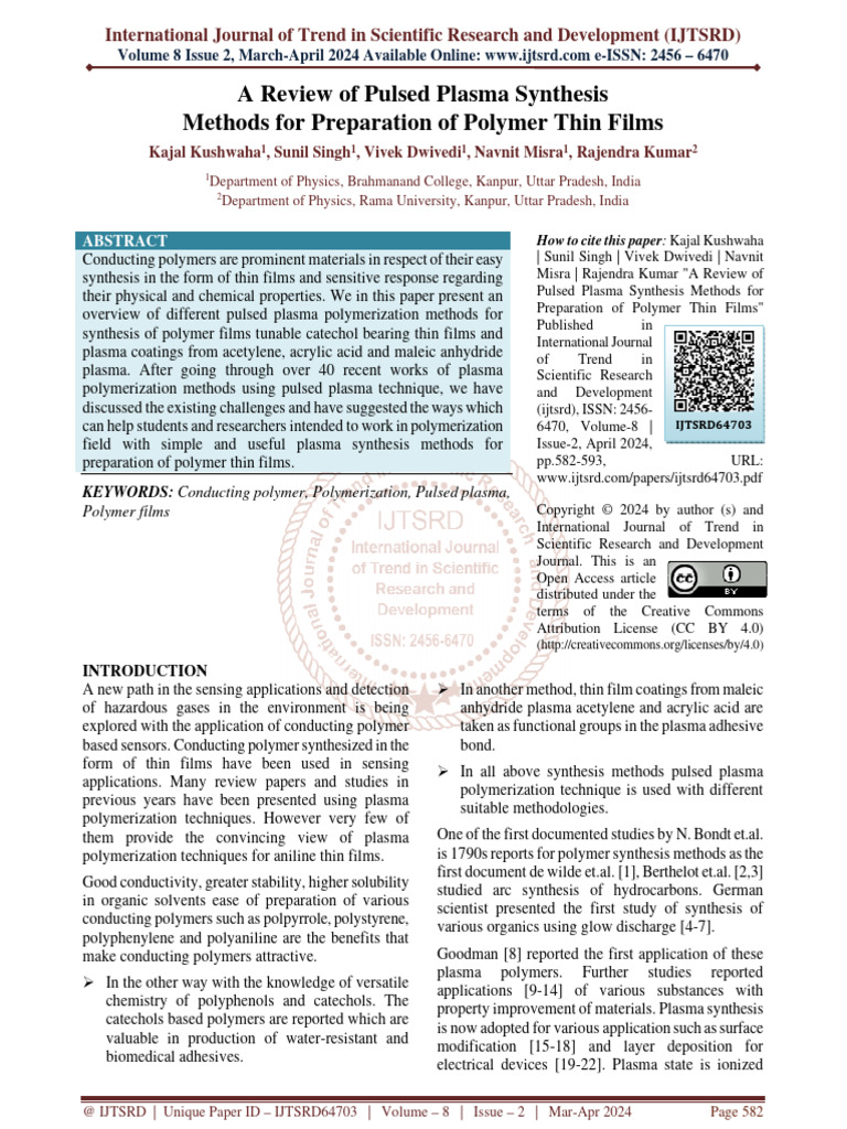 A Review of Pulsed Plasma Synthesis Methods For Preparation of Polymer Thin Films | PDF ...