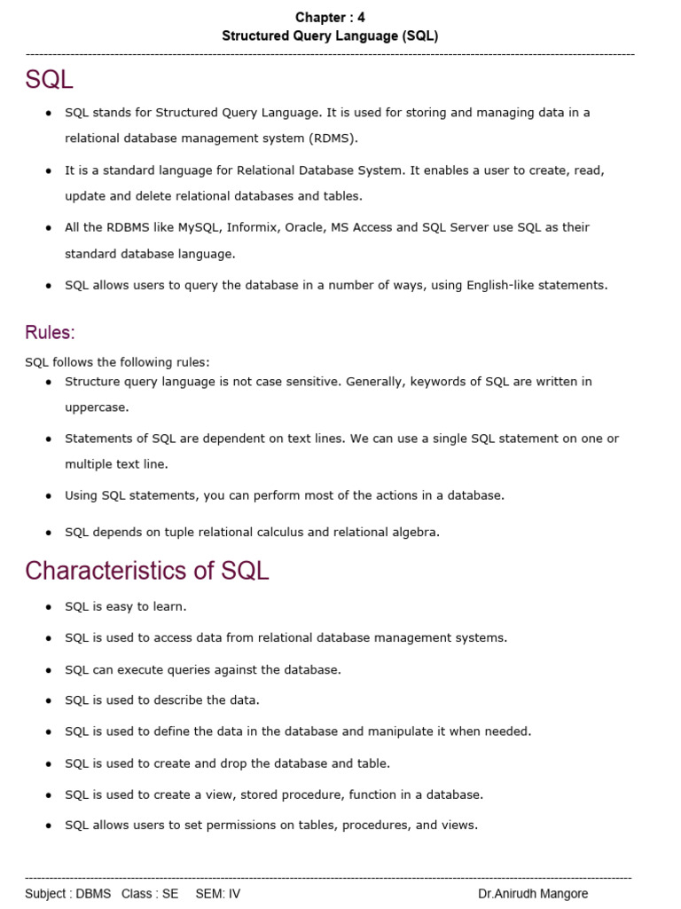 Chapter 4 Structured Query Language Sql Pdf Sql Relational Database 