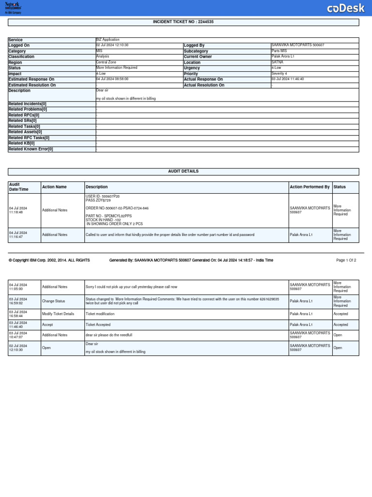 Incident Ticket Audit Deatils 638556995371697842 | PDF | Computing | Computer Science