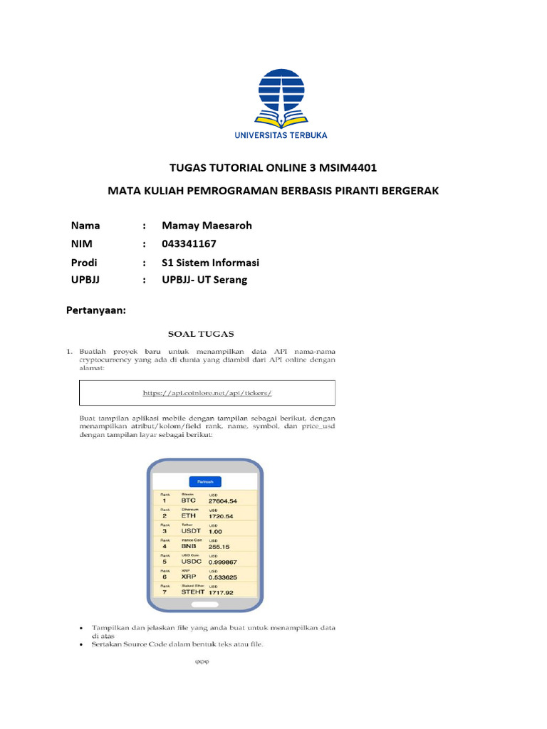 TUGAS 3 MSIM4401 Pemrograman Berbasis Piranti Bergerak - Mamay Maesaroh - 043341167 | PDF | Komputer