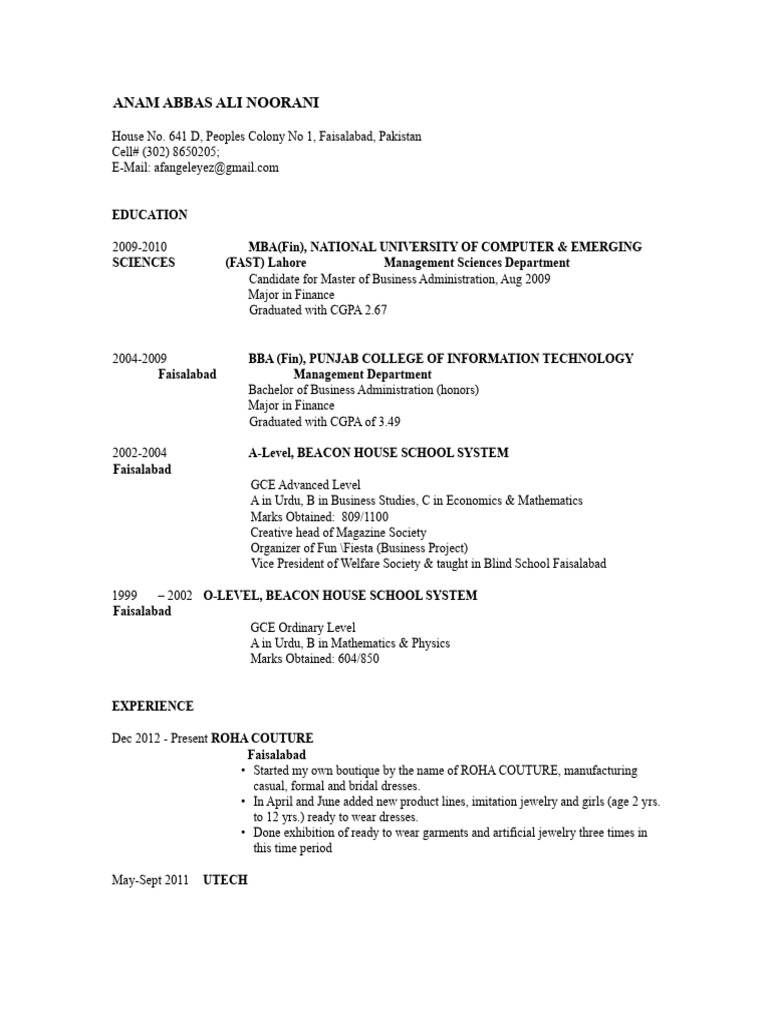 CV ANAM ABBAS ALI NOORANI (1) | PDF | Clothing