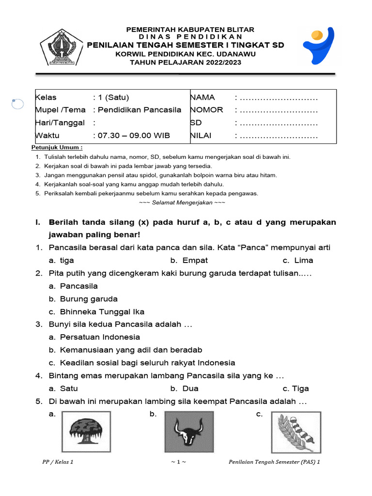 Kelas 1 Soal Uts SMT 1 PP 2022-2023 | PDF