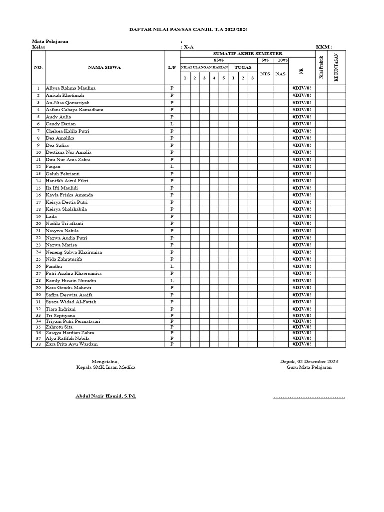 Form Nilai Pas-Sas T.P 2023-2024 (Master) | PDF