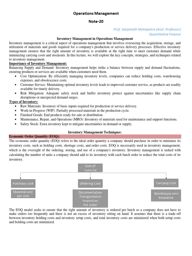 OM Note Inventory Management and Planning | PDF | Inventory | Lean Manufacturing