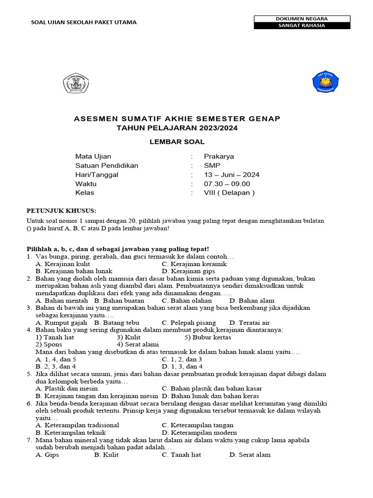 Soal Pat Prakarya KLS 8 | PDF