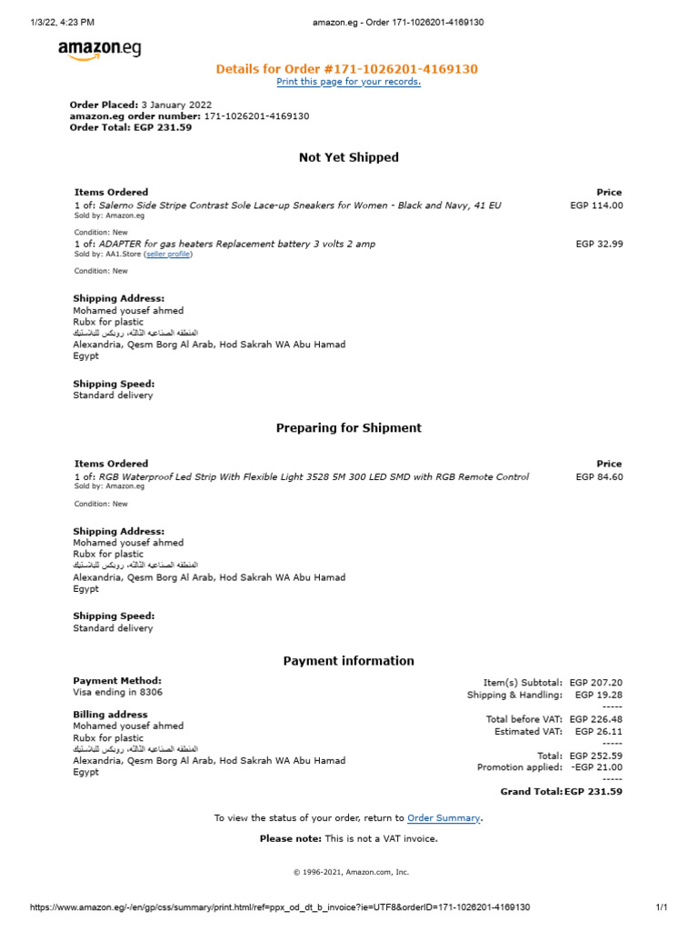 Amazon.eg Order Summary #171-1026201 | PDF | Payments